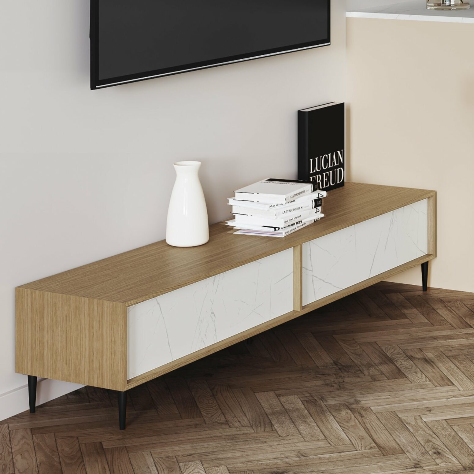 Meuble télé marbre 180 cm avec pieds métal - Brin d'ouest